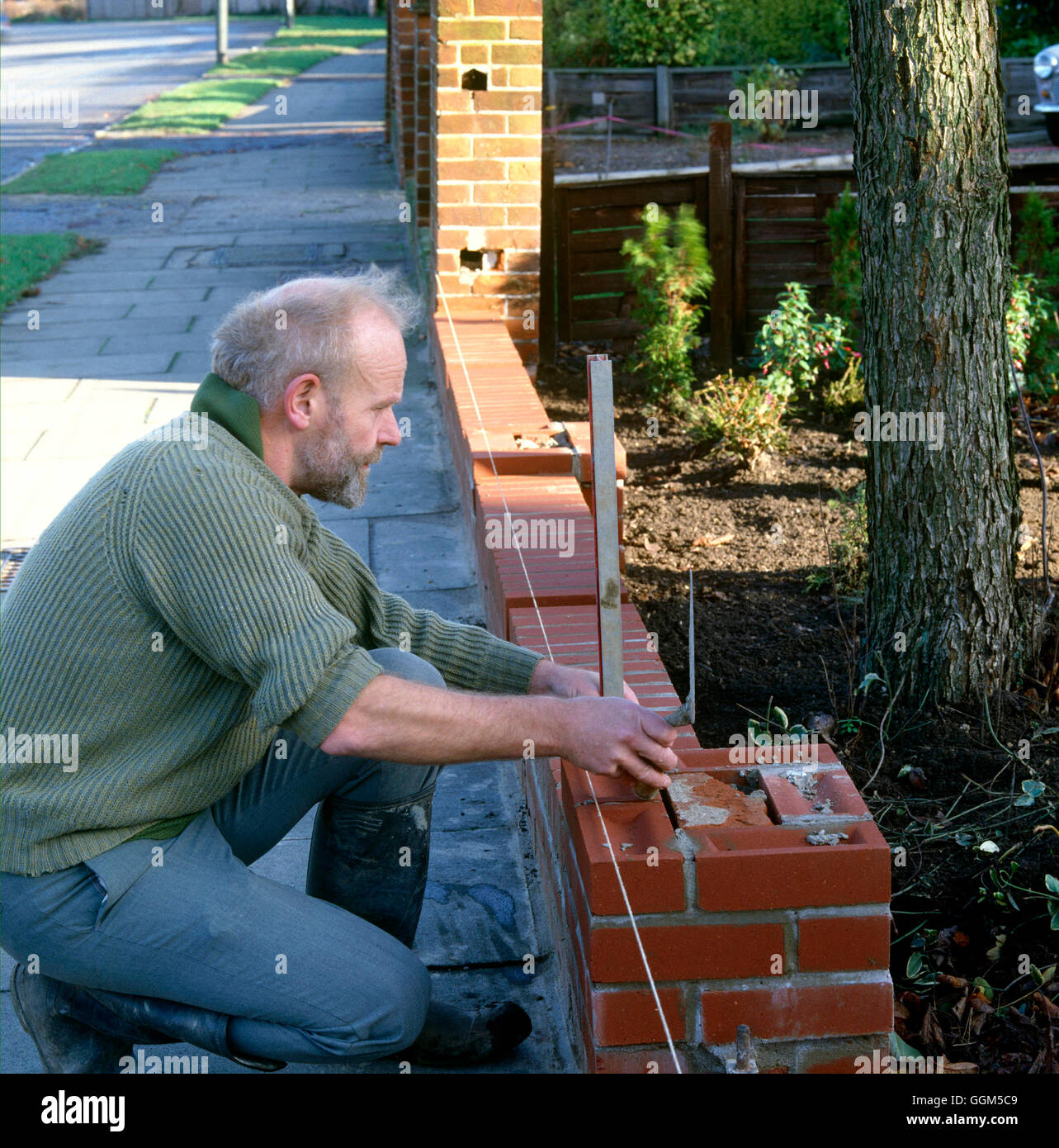 Wall Construction - Making sure of levels TAS032454 Stock Photo - Alamy