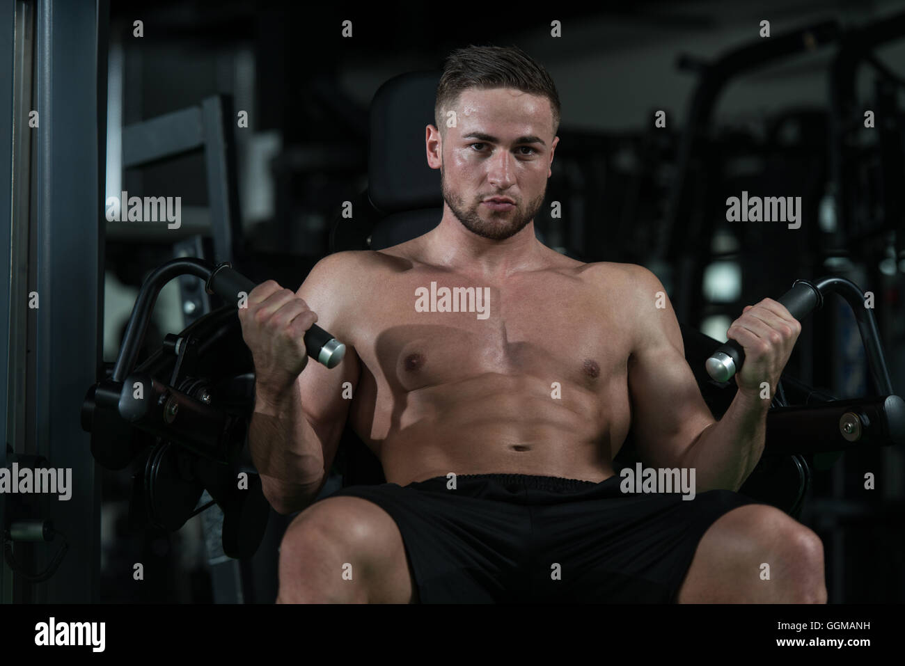 Young Strong Man In The Gym And Exercising Biceps On Machine - Muscular ...