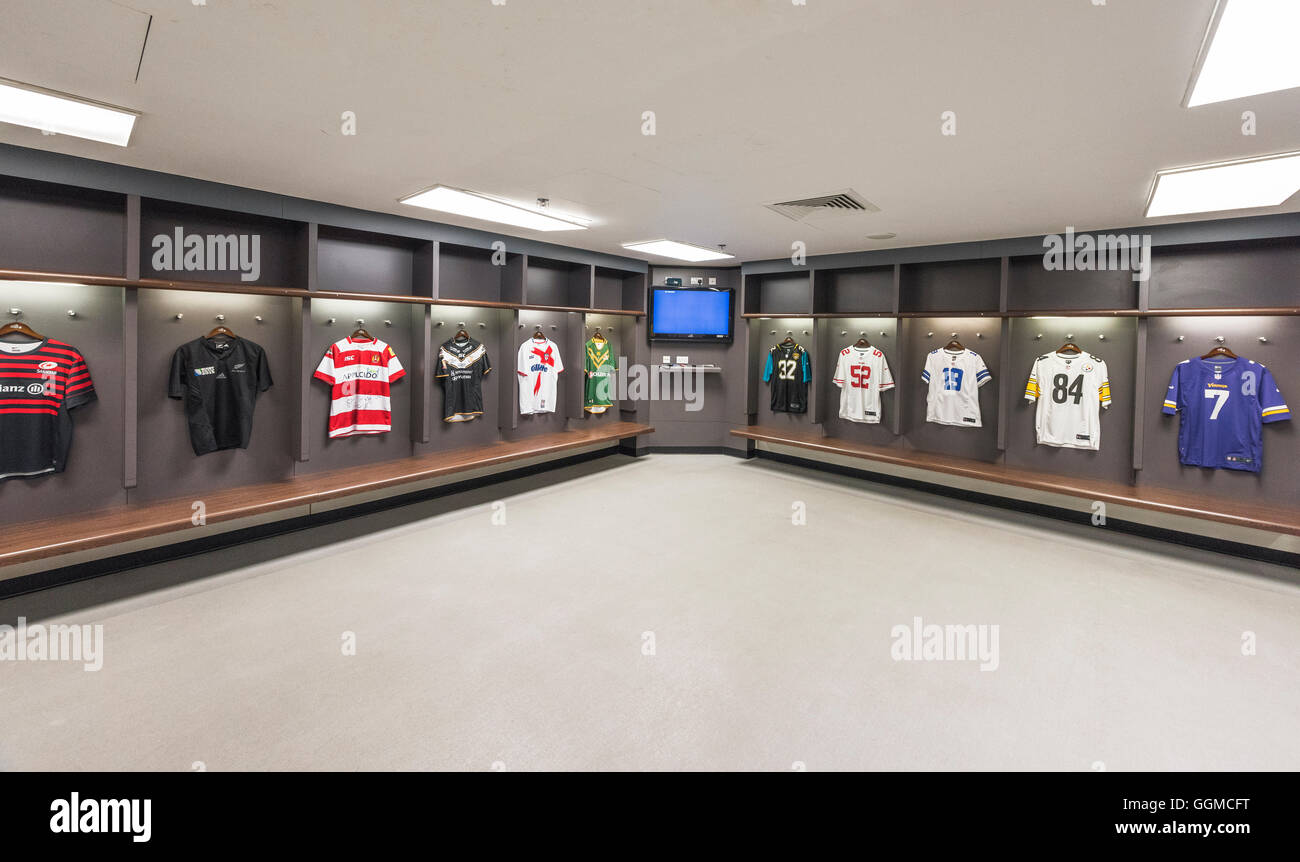 London, the UK - May 2016: In the changing room at Wembley stadium ...