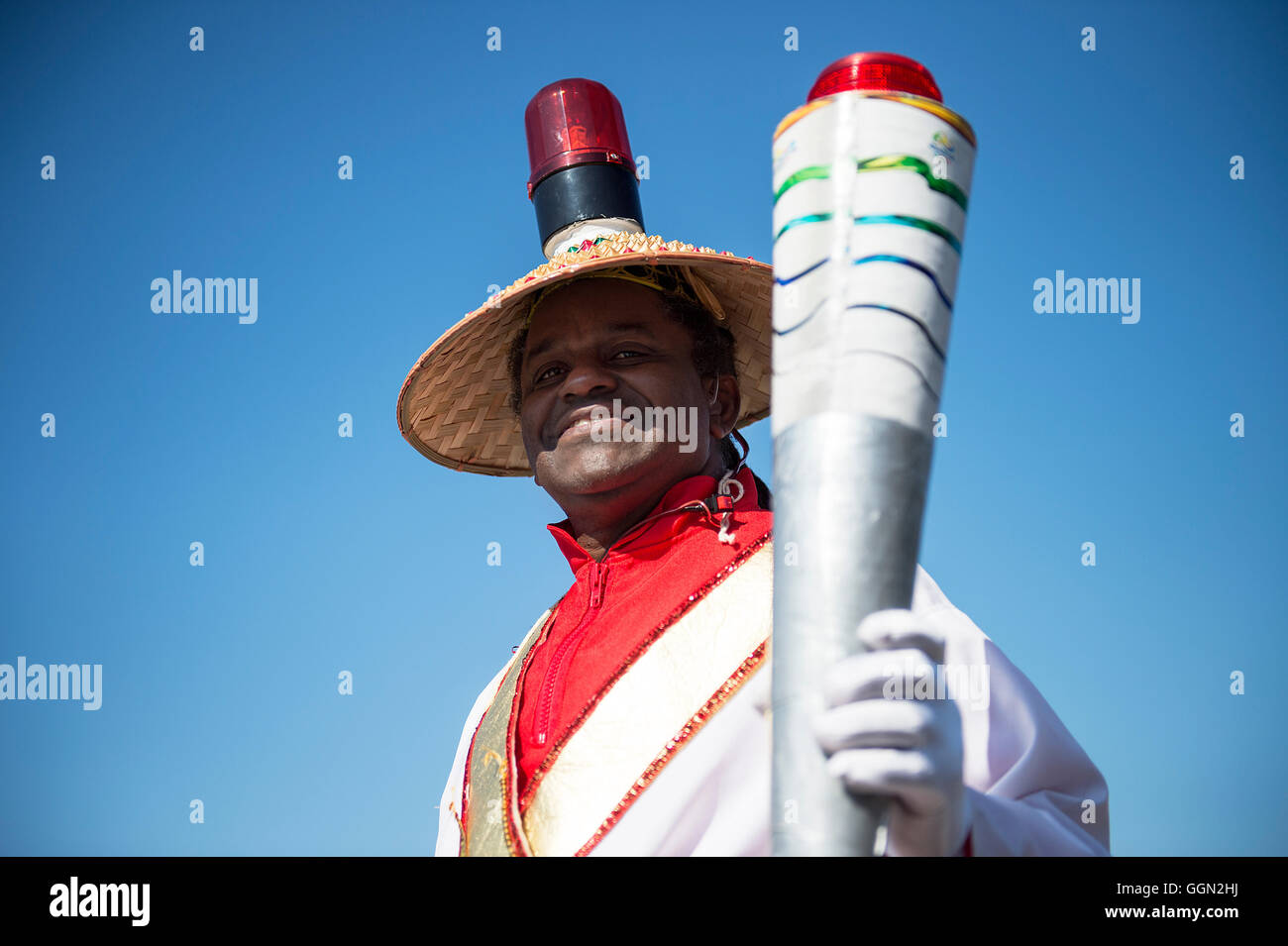 Rio de Janeiro, Brazil. 05th Aug, 2016. A man dressed as the Olympic ...