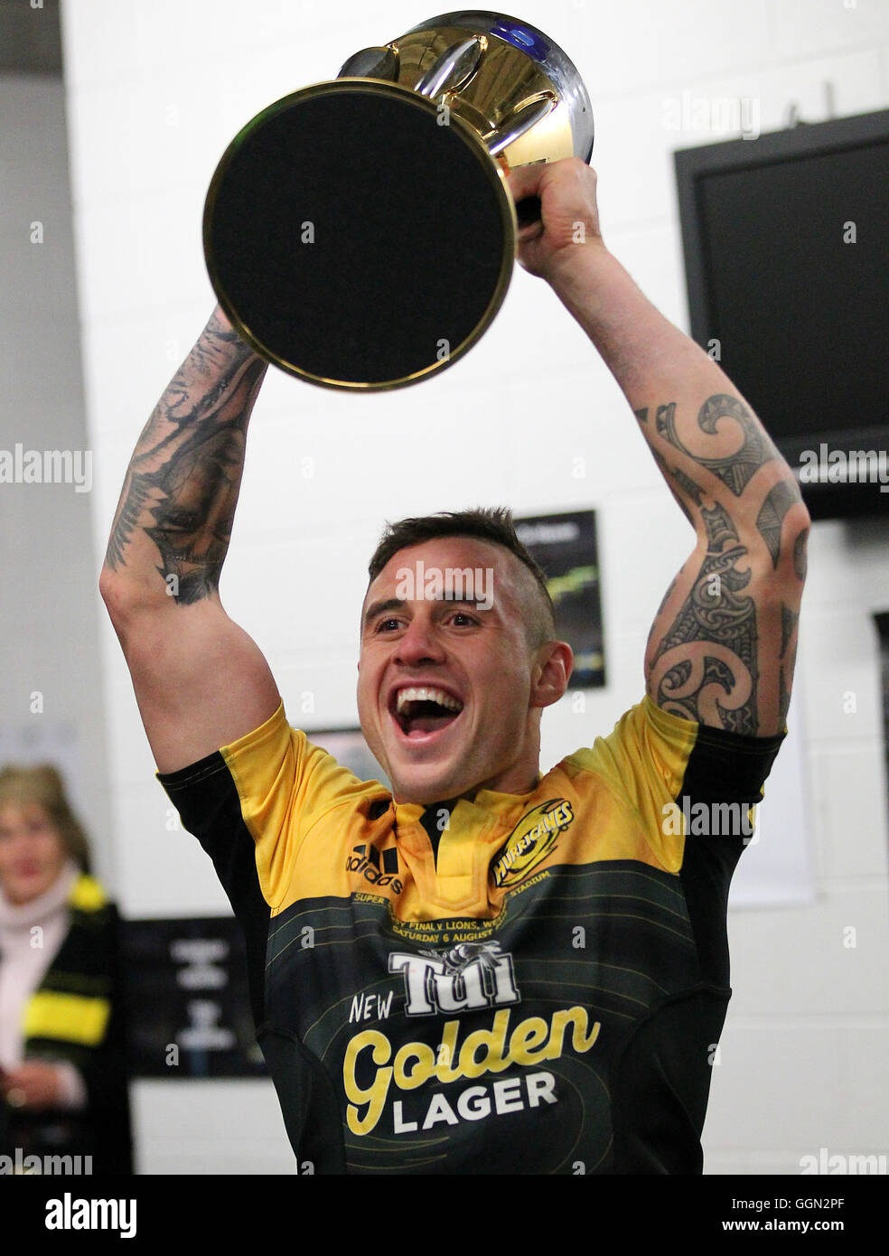 Wellington, New Zealand. 06th Aug, 2016. Hurricanes' TJ Perenara holds ...