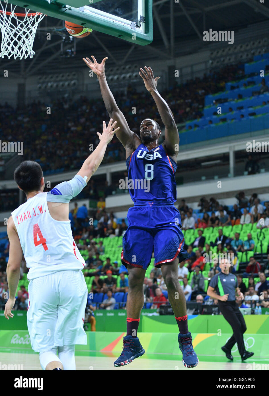 Jiwei Zhao (L) of China and Harrison Barnes of USA in action during the ...