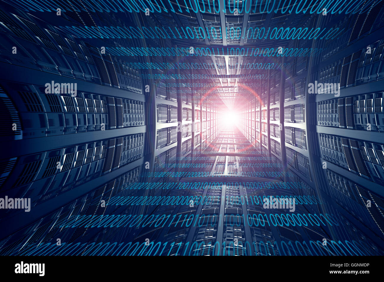 Light shining from bending binary code and computer servers Stock Photo ...