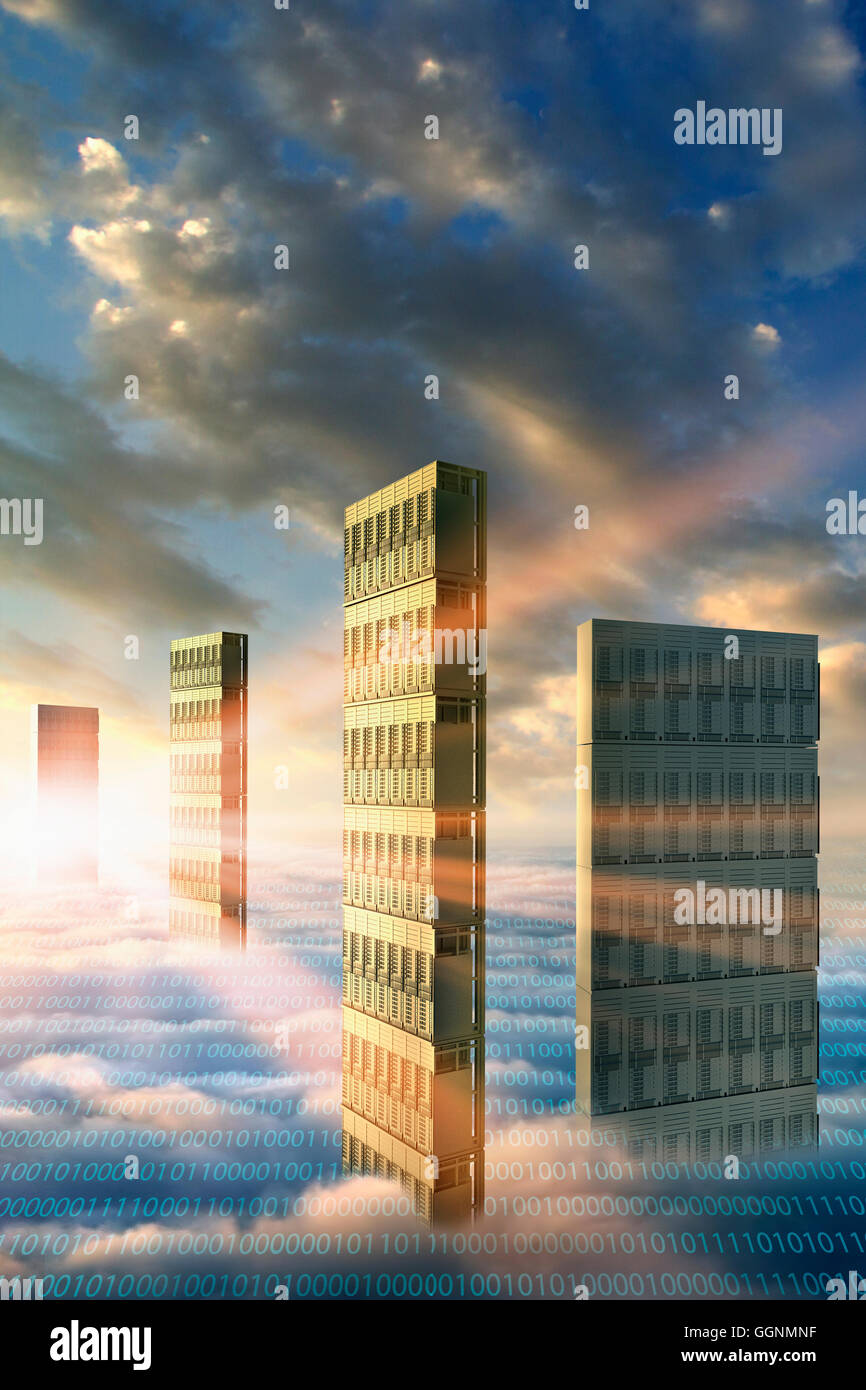 Computer servers in clouds with binary code Stock Photo - Alamy