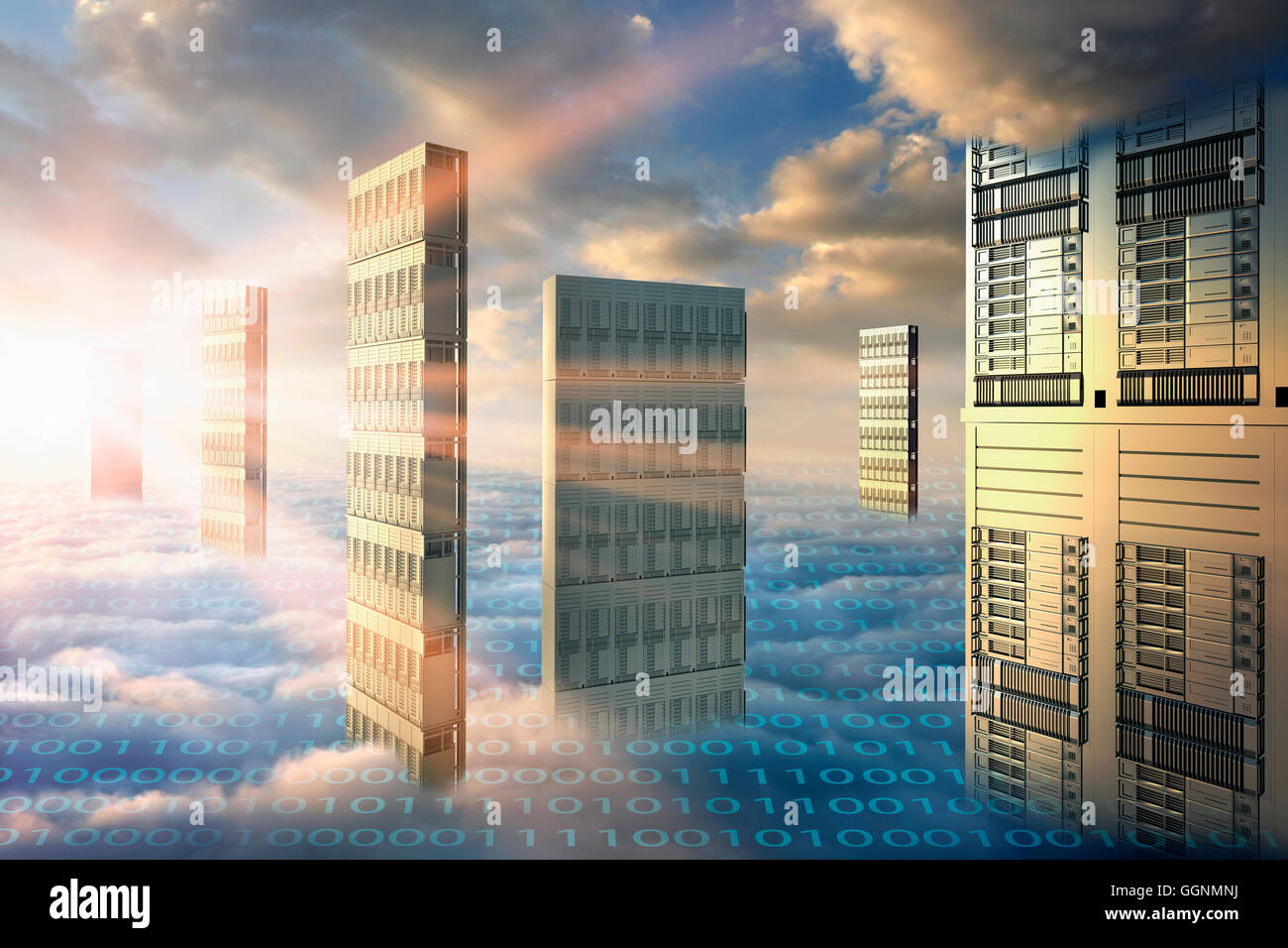 Computer servers in clouds with binary code Stock Photo - Alamy