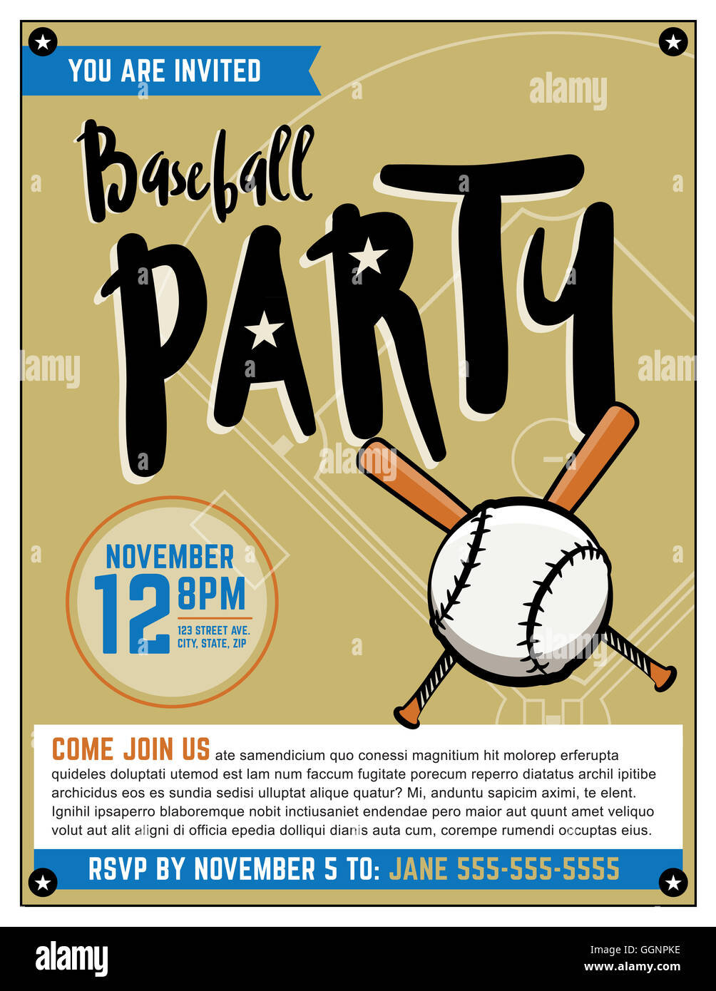 A baseball themed party invitation template. Vector EPS file is layered ...