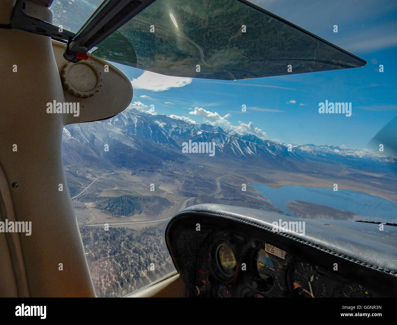 View of lake and mountains from cockpit, Bishop, California, United ...
