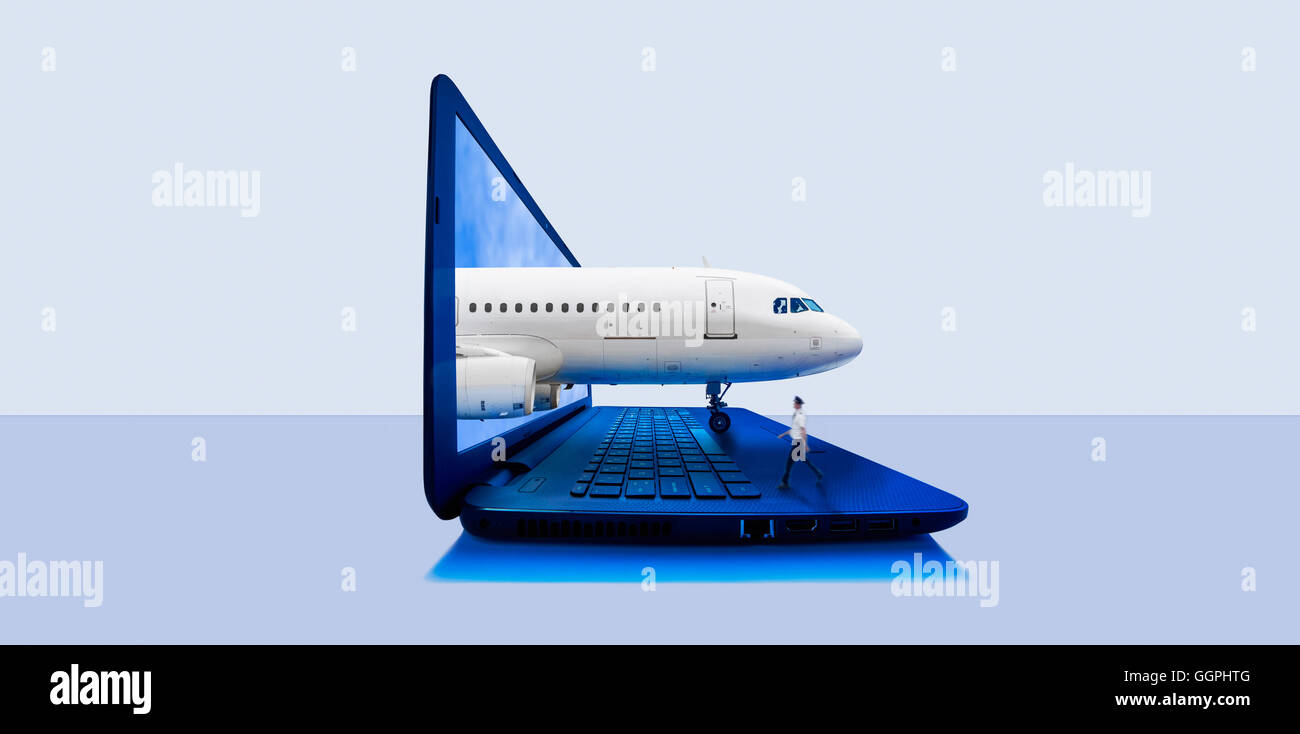 Airplane emerging from laptop screen with pilot walking on keyboard ...