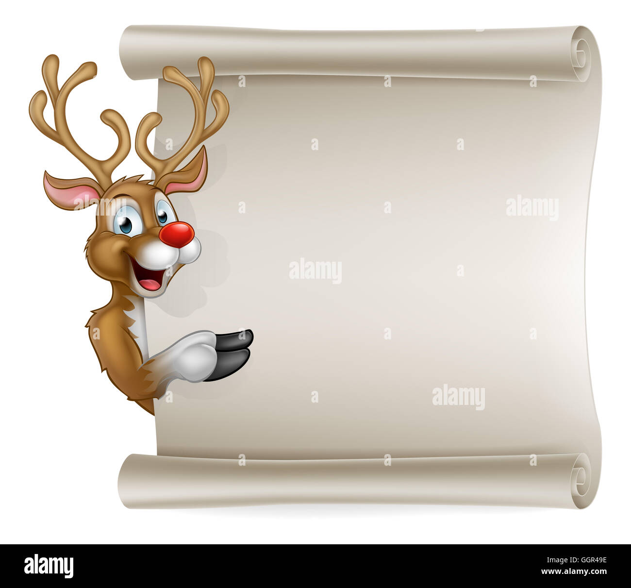 Cartoon Christmas scroll sign of Santas reindeer pointing at a scroll ...