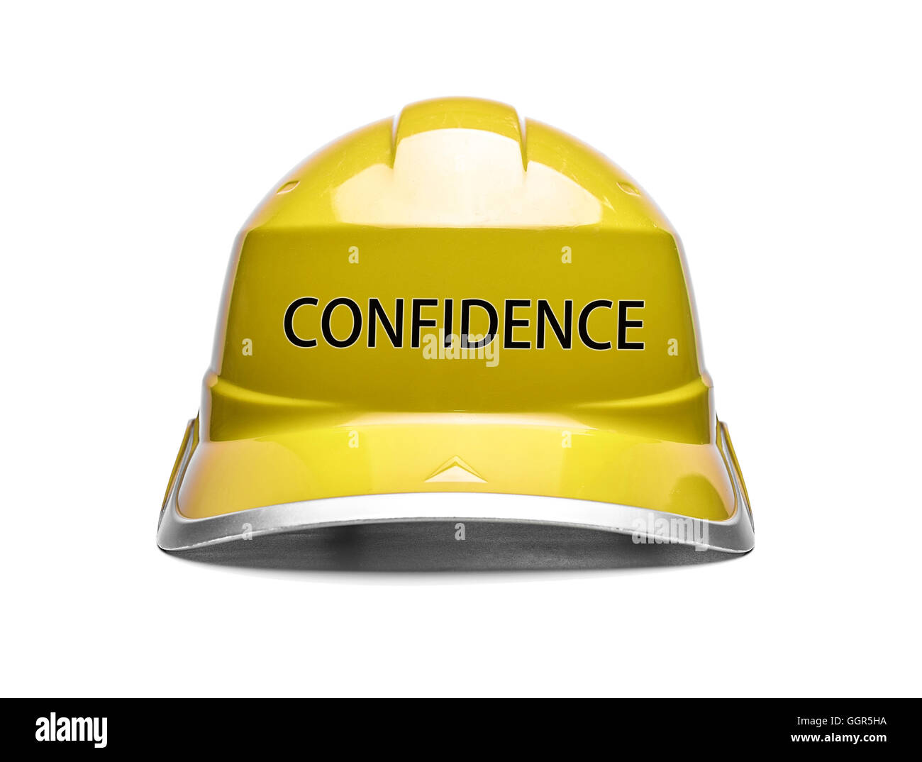 Yellow safety helmet with an inscription confidence on a white ...