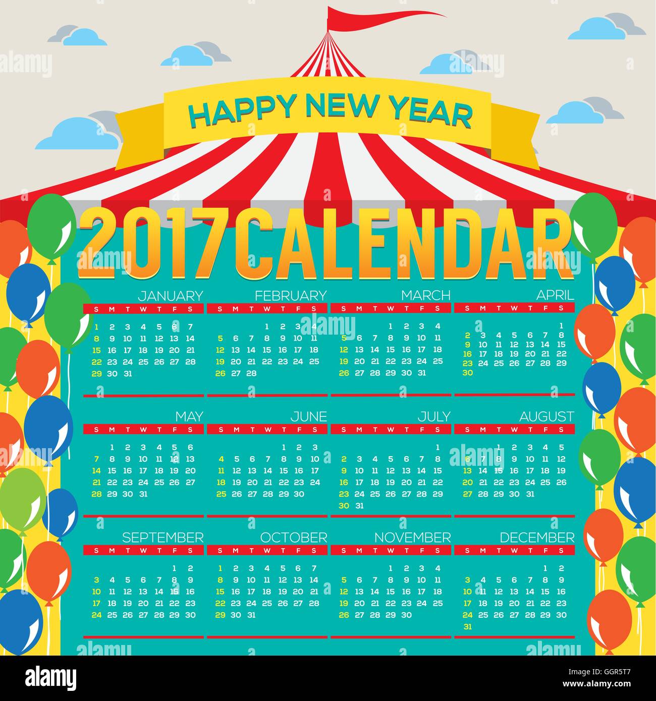 2017 Printable Calendar Starts Sunday Circus Concept Vector ...