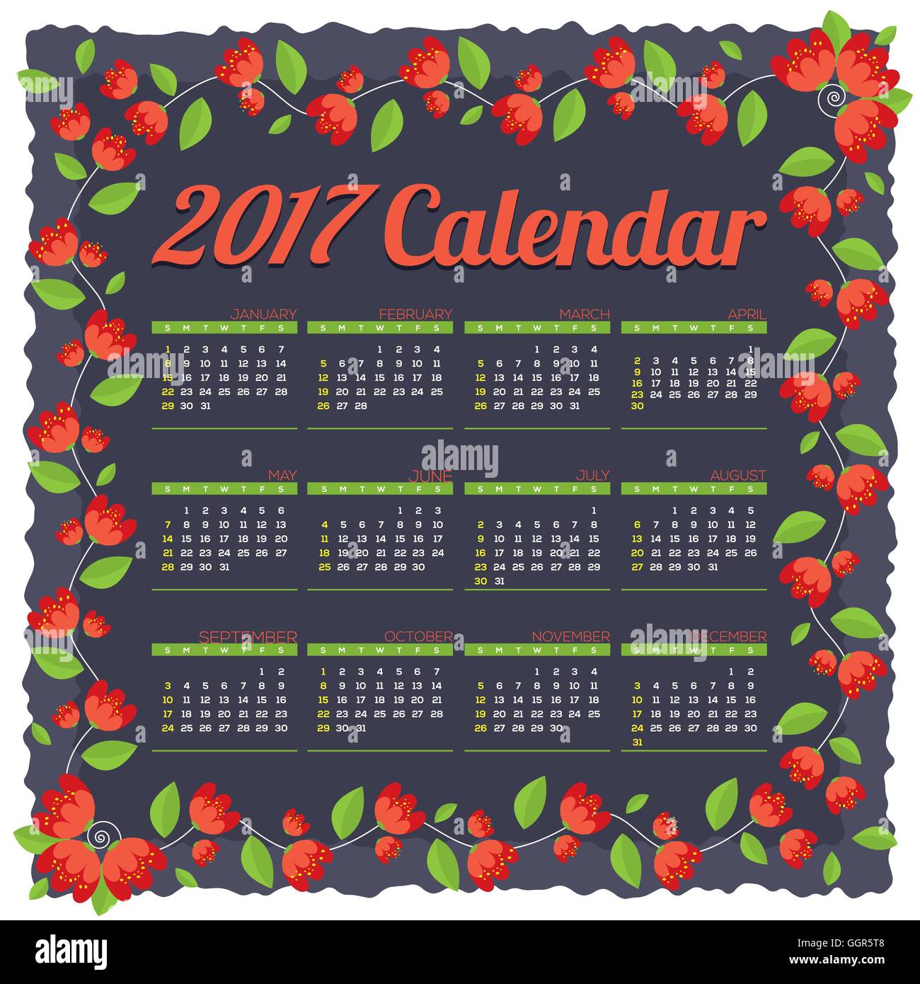 2017 Printable Calendar Starts Sunday Red Flowers Border On Dark Blue ...