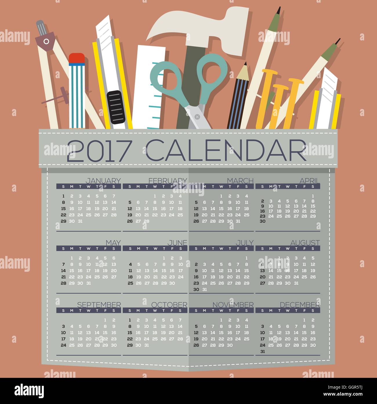 2017 Printable Calendar 12 Months Starts Sunday DIY of Handcraft’s Tool ...