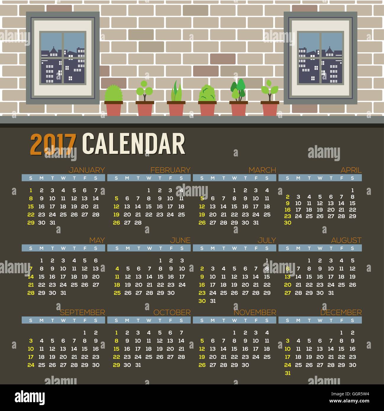 Flat Design Pot Plants With Windows Show Outside View On Brick Wall ...