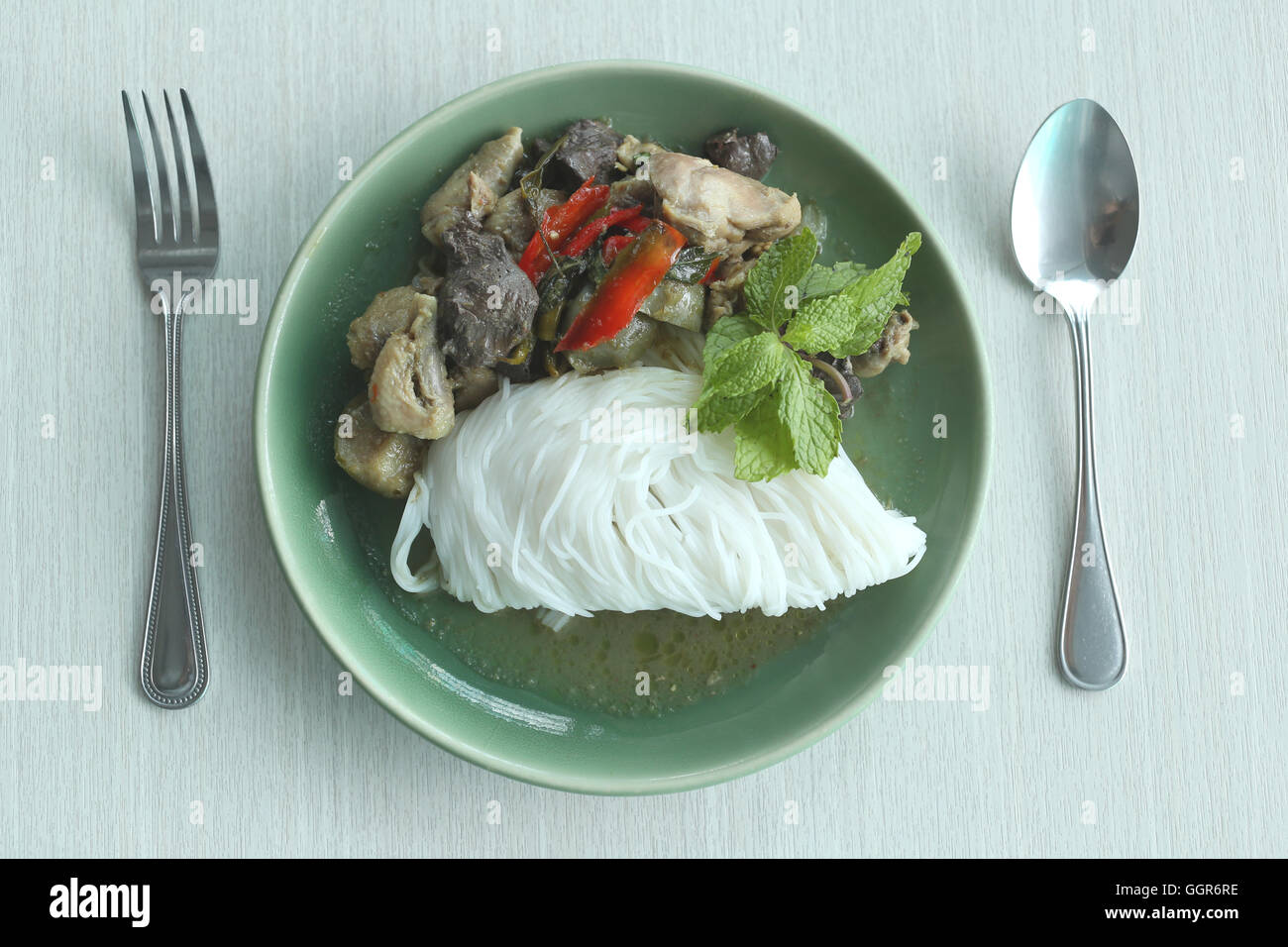 Curry chicken noodles (KHANOM CHIN) with vegetable,This is local Thai ...