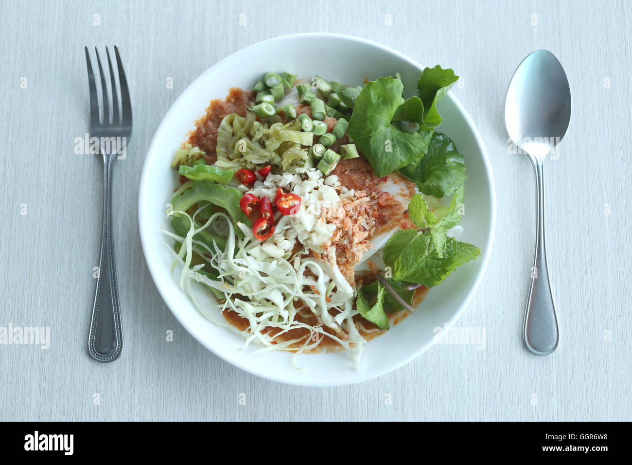 Local Thai foods of Rice Vermicelli is name KHANOM CHIN,spicy noodles ...