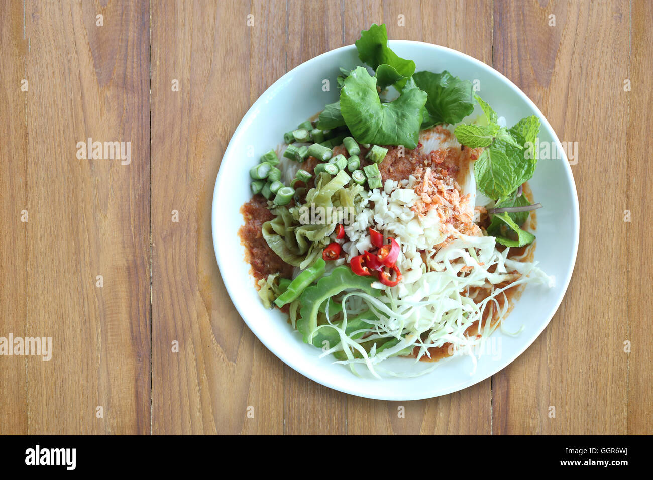 Local Thai foods of Rice Vermicelli is name KHANOM CHIN,spicy noodles ...