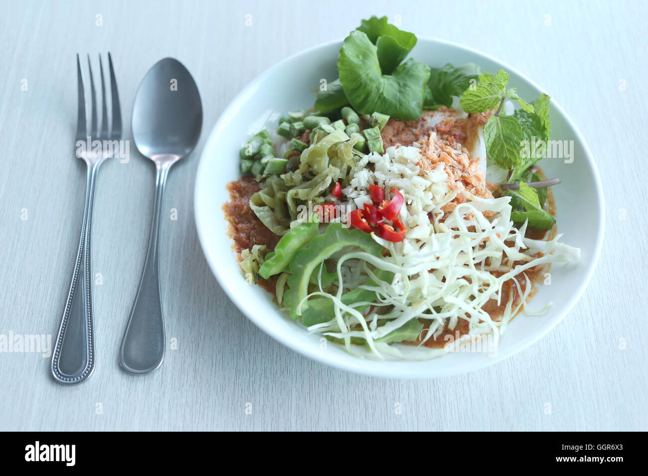 Local Thai foods of Rice Vermicelli is name KHANOM CHIN,spicy noodles ...