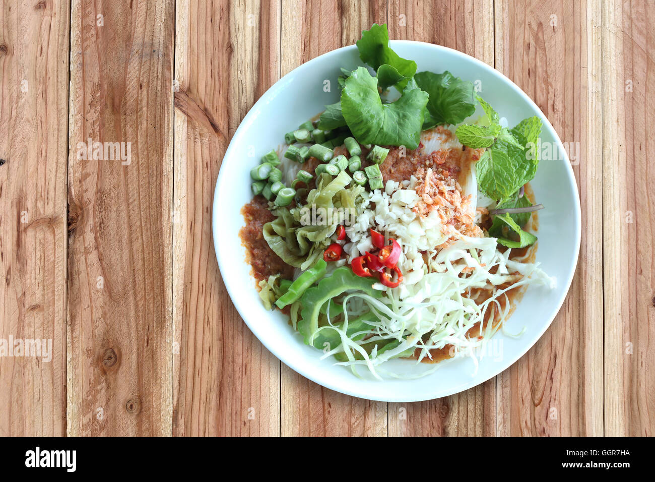 Local Thai foods of Rice Vermicelli is name KHANOM CHIN,spicy noodles ...