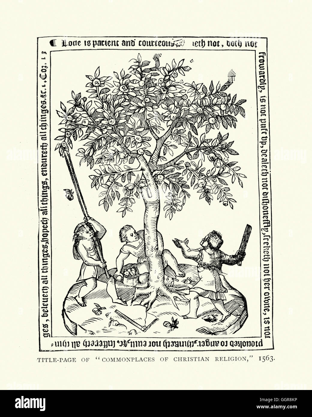 Title page of Commonplaces of Christian Religion, 1563. Showing people ...