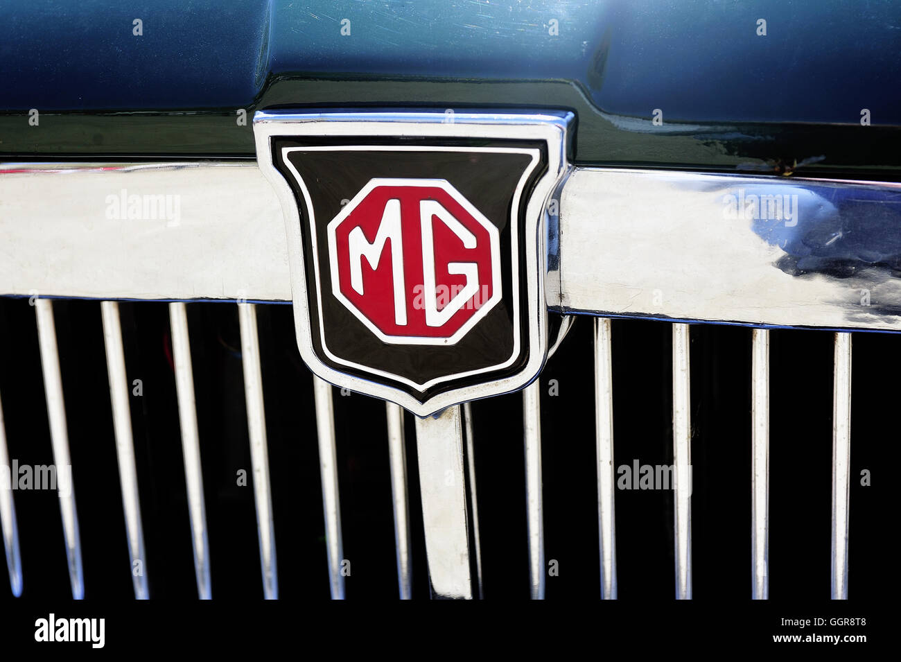 Detail of the MG brand on an old car radiator photographed vintage car ...