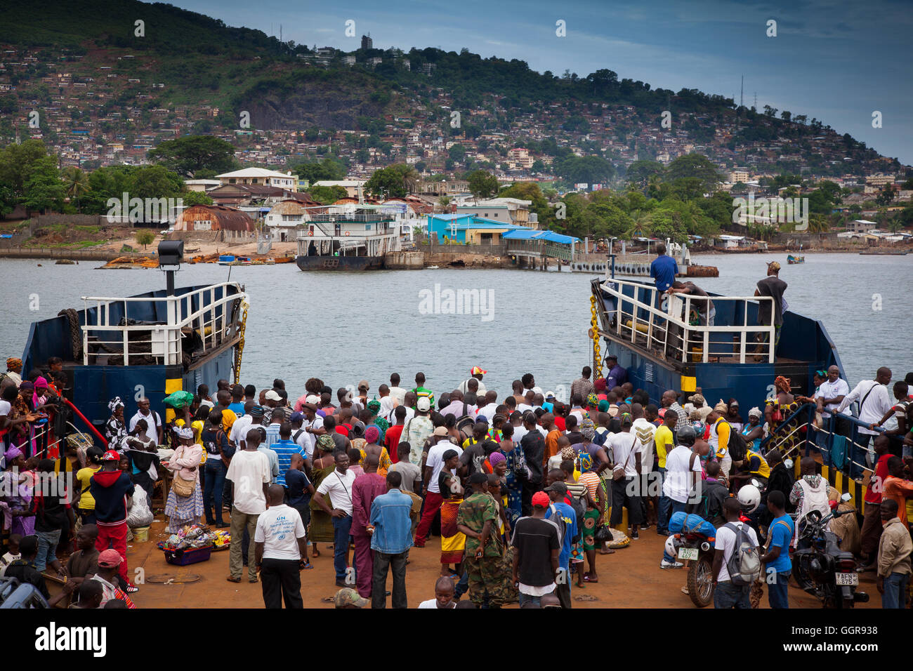 Freetown, Sierra Leone - June 1, 2013: arrival of the ferry at the ...
