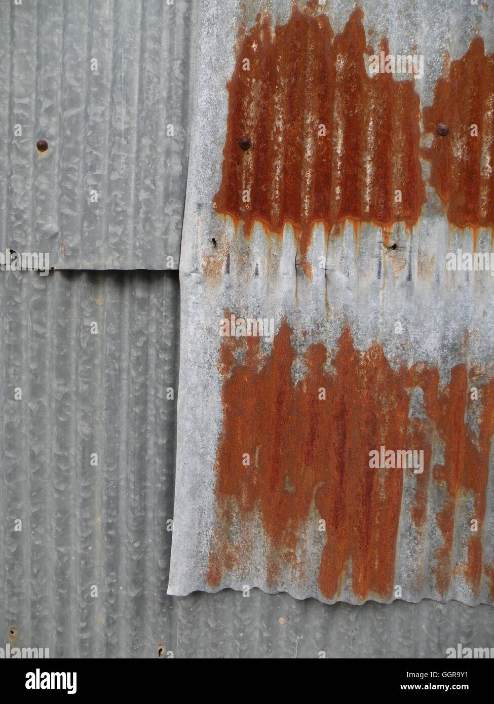 Sections of overlapping, old rusty sheet metal panels adorned with ...