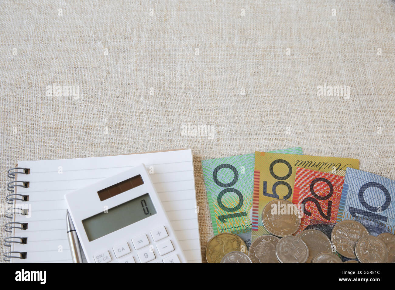 Australian money, AUD with calculator, notebook and small money pouch ...