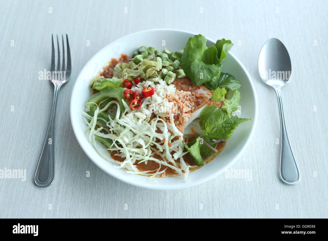 Local Thai foods of Rice Vermicelli is name KHANOM CHIN,spicy noodles ...