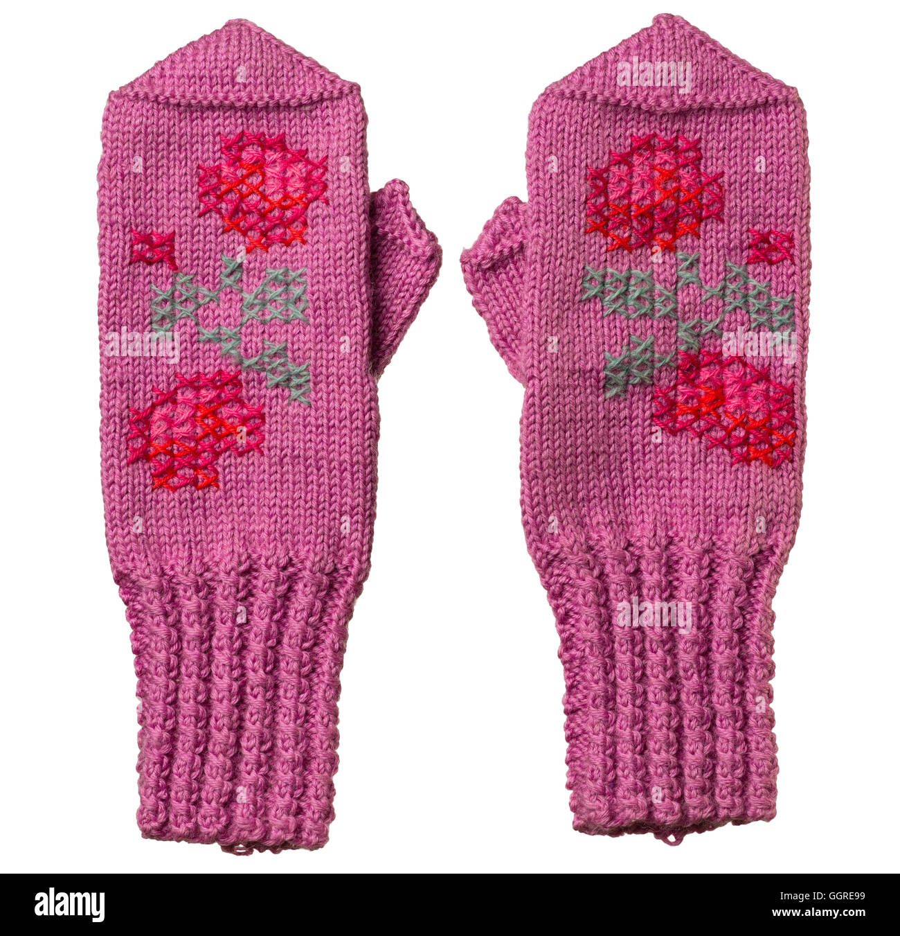 Wool pink mittens with pattern on a white background Stock Photo - Alamy