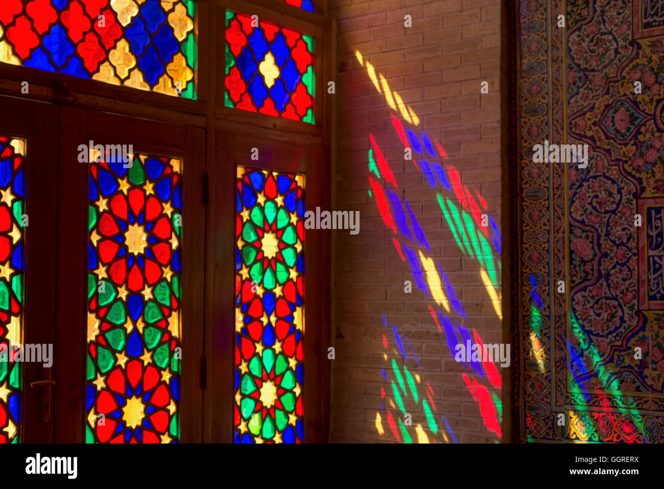 Detail of the Nasir al Molk or Pink Mosque in Shiraz, Iran. The stained ...