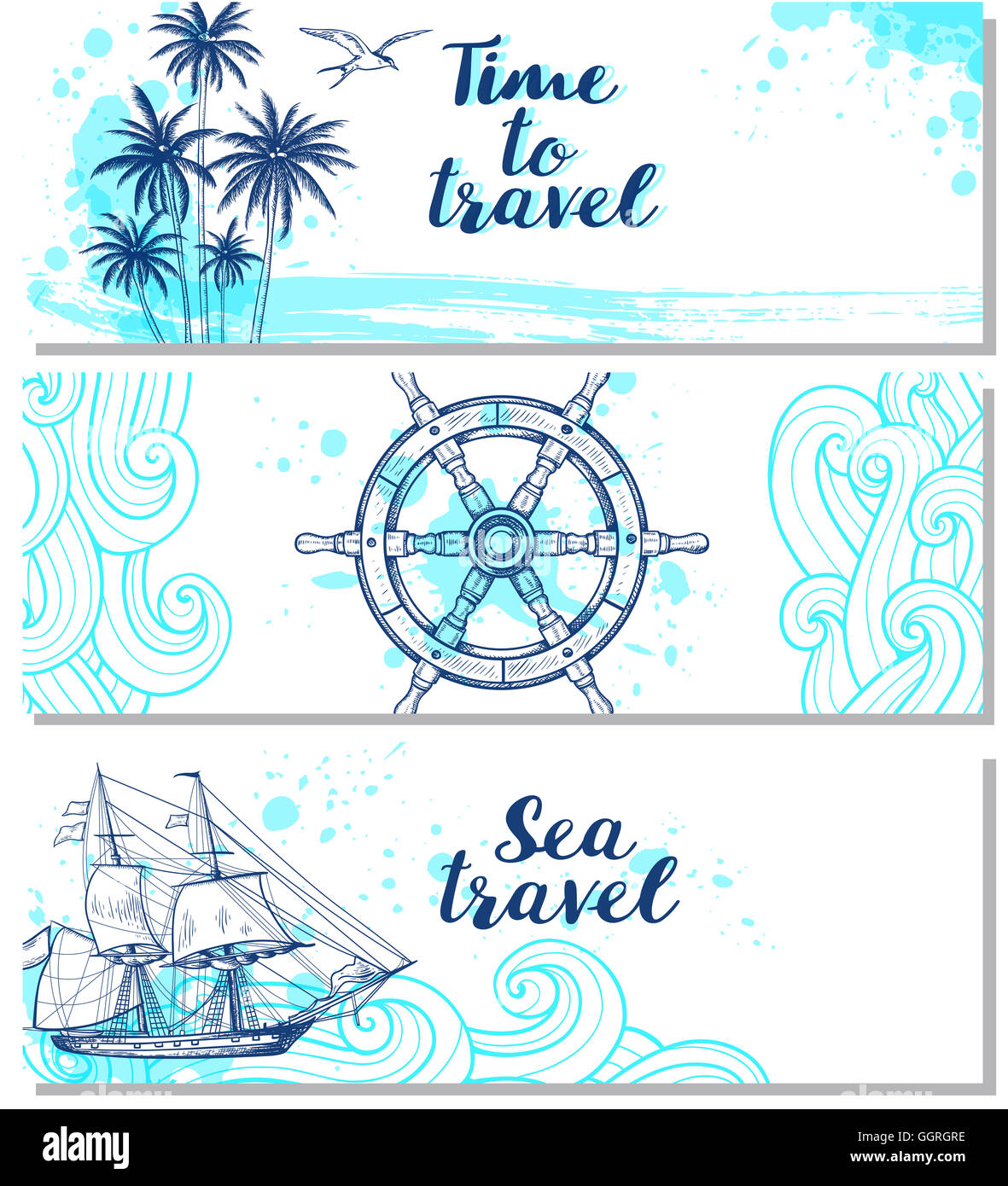 Blue horizontal marine banners. Hand drawn travel backgrounds Stock ...