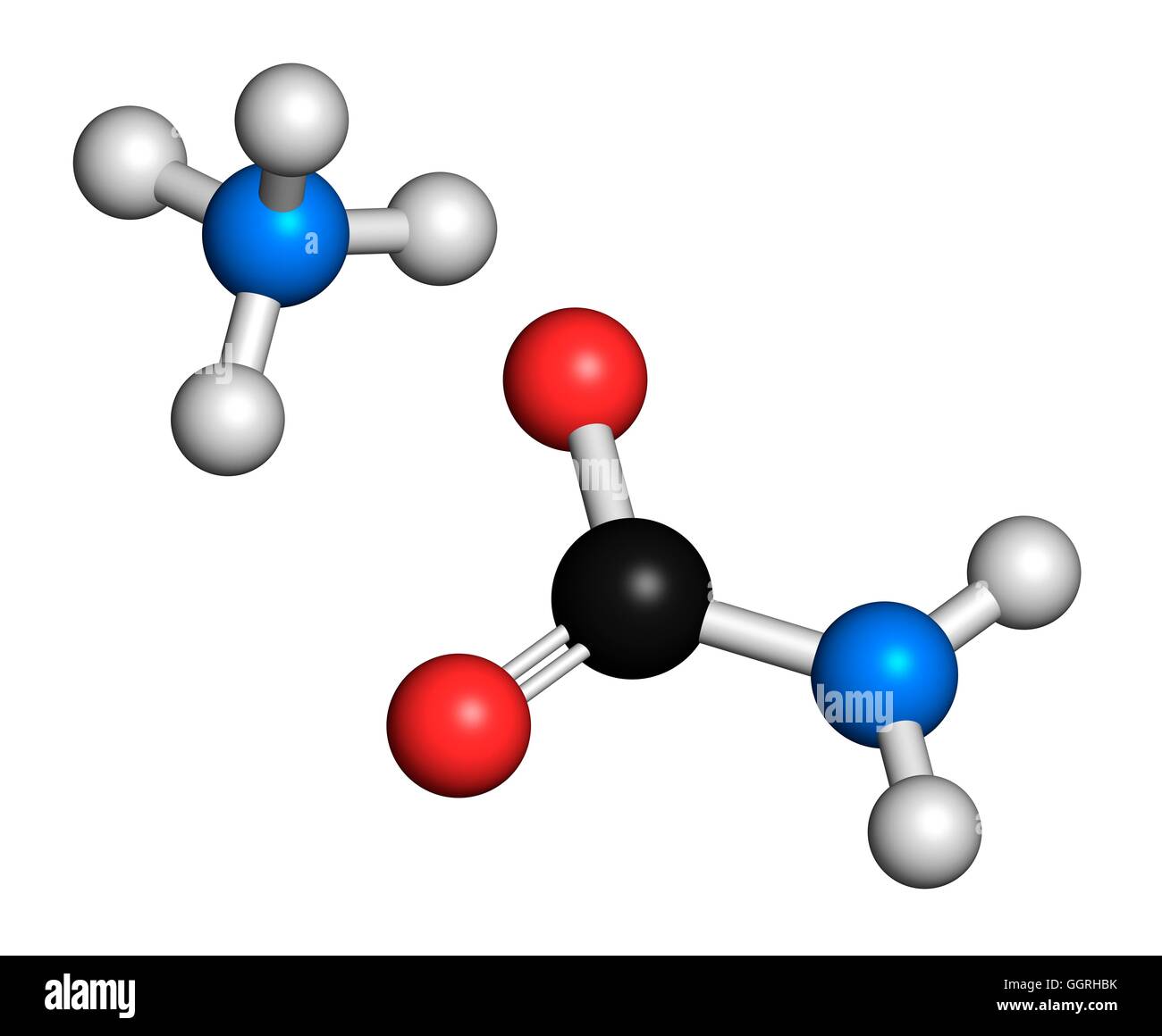 Ammonium carbamate, chemical structure. 3D rendering. Atoms are ...