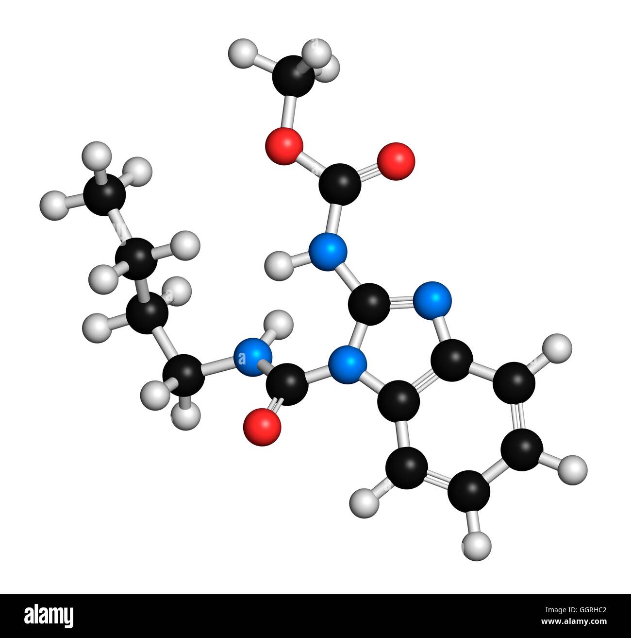 Benomyl fungicide, molecular model. Atoms are represented as spheres ...