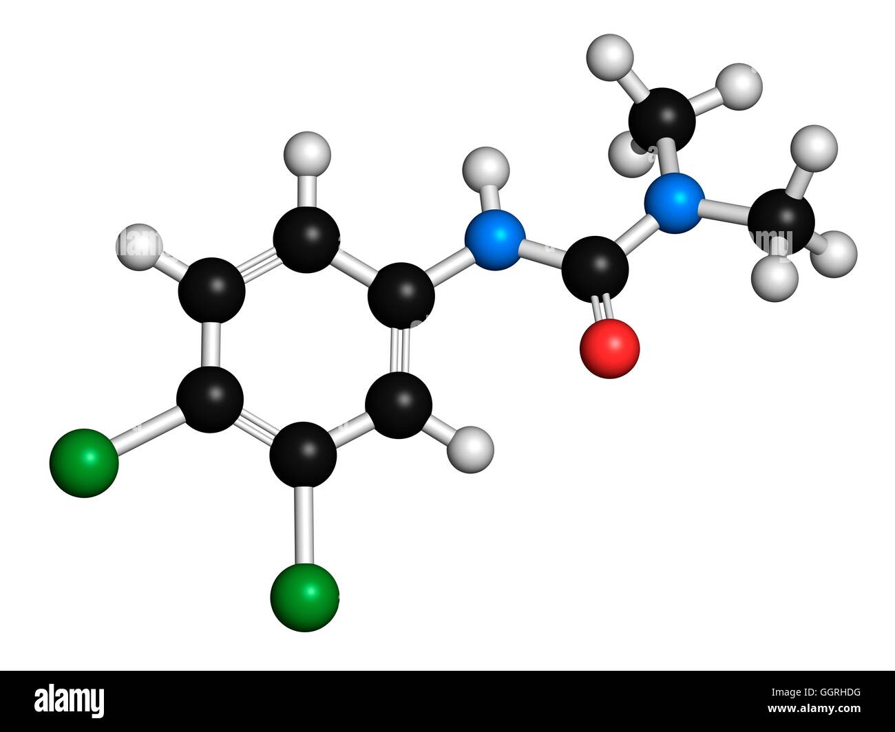 Diuron (DCMU) herbicide, molecular model. Atoms are represented as ...