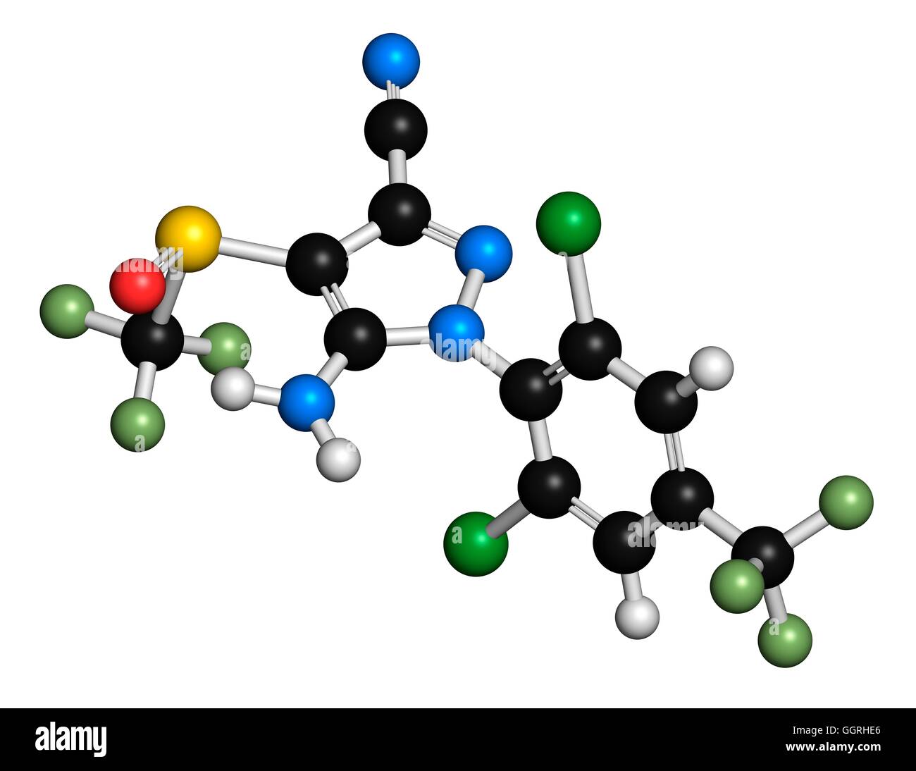 Fipronil insecticide, molecular model. Atoms are represented as spheres ...