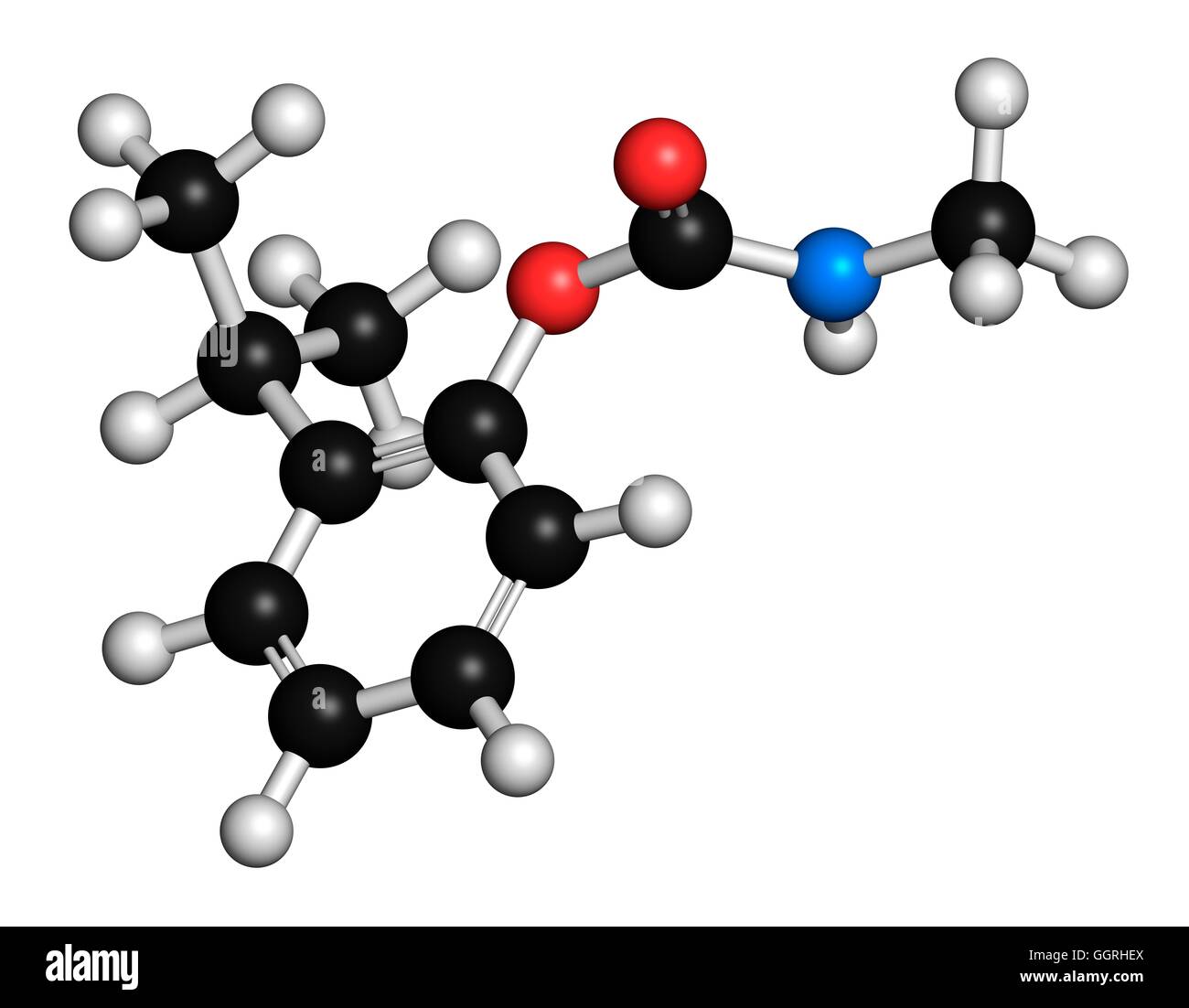 Isoprocarb insecticide, molecular model. Atoms are represented as ...