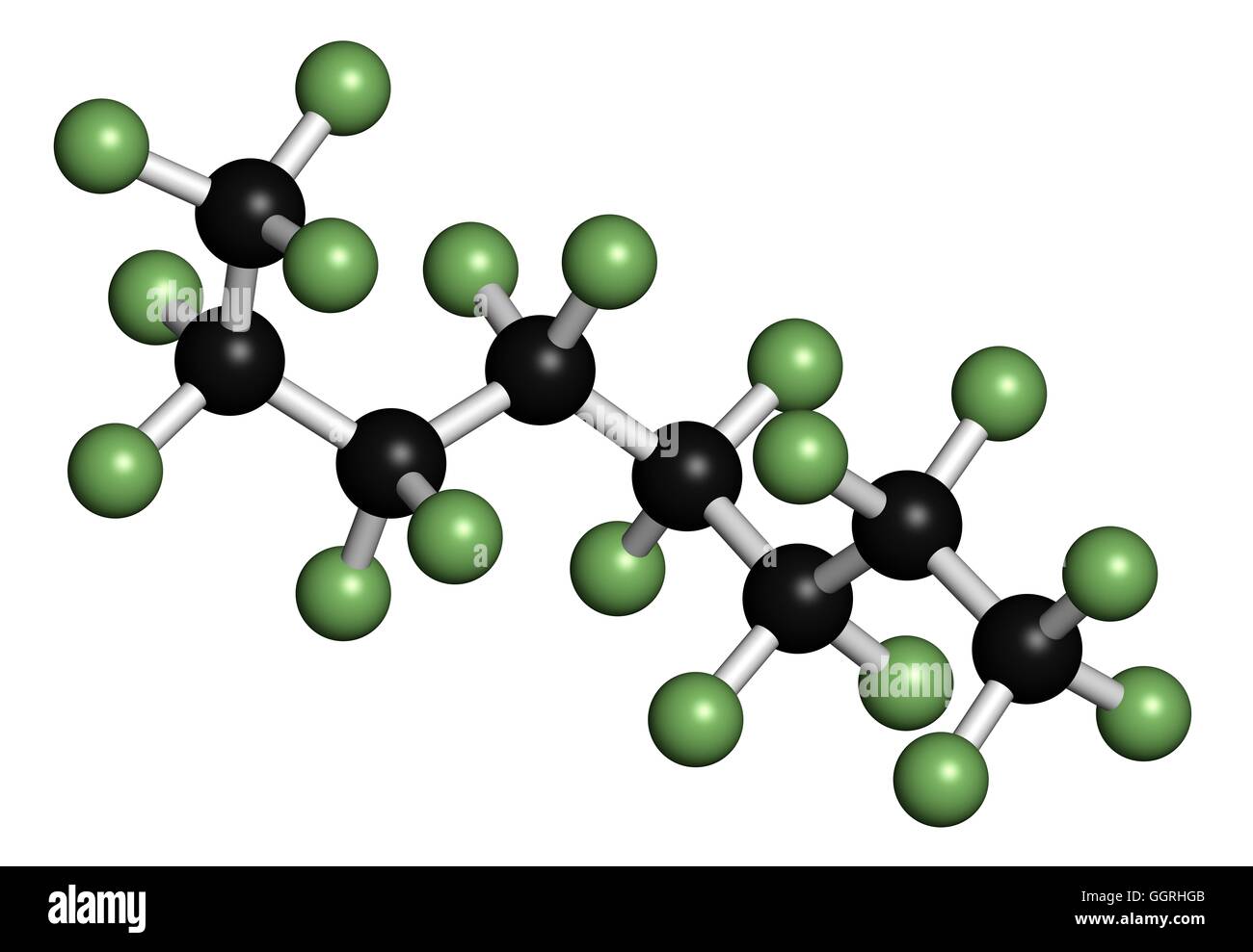 Perfluorooctane, molecular model. Atoms are represented as spheres with ...