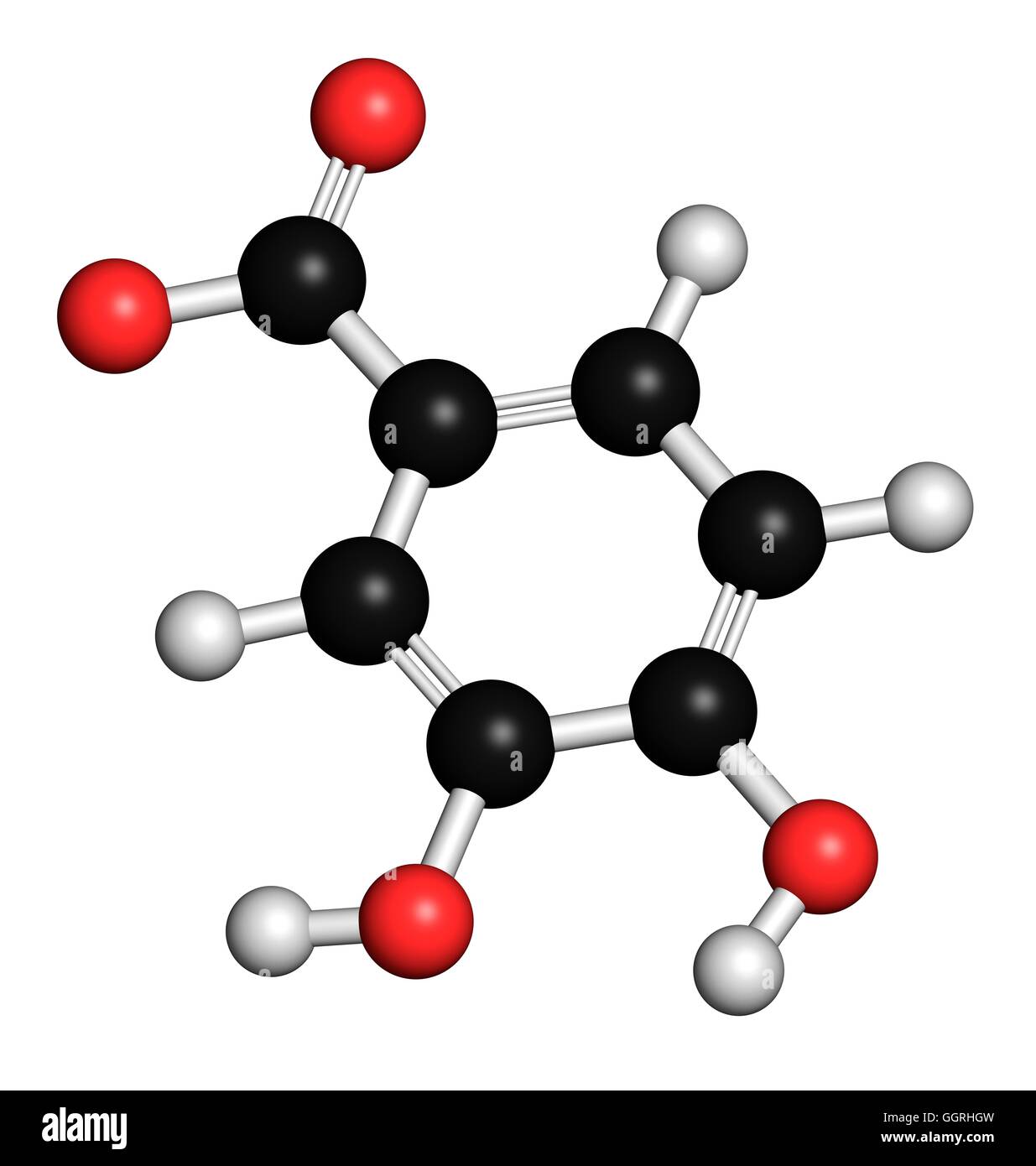 Protocatechuic acid (PCA) green tea antioxidant, molecular model. Atoms ...
