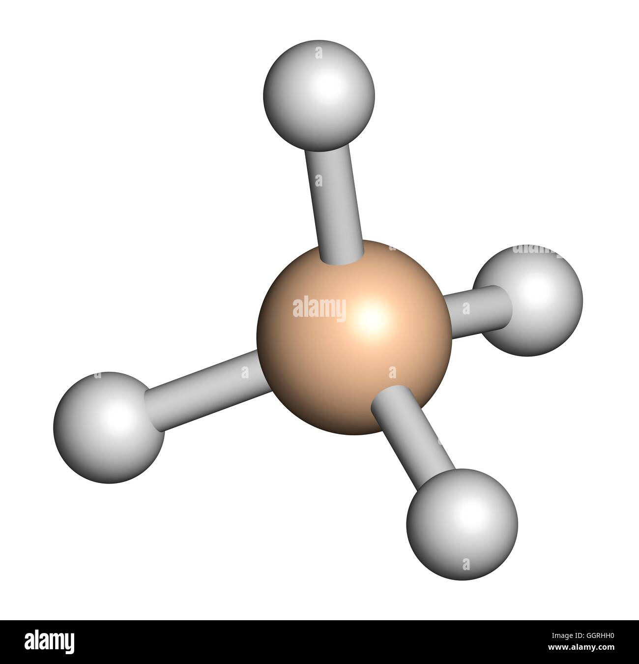 Silane (SiH4), molecular model. Atoms are represented as spheres with ...