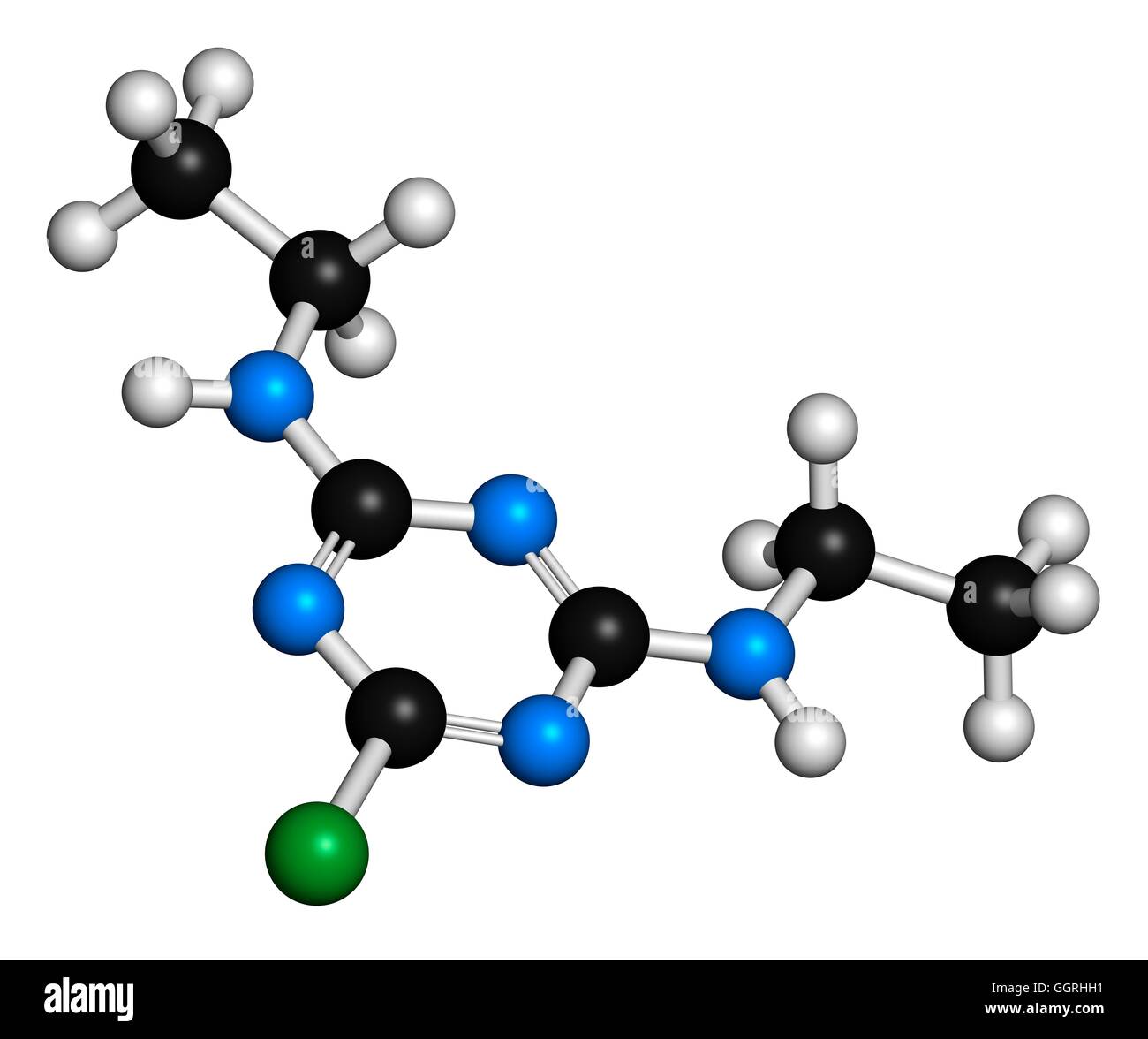 Simazine herbicide, molecular model. Atoms are represented as spheres ...