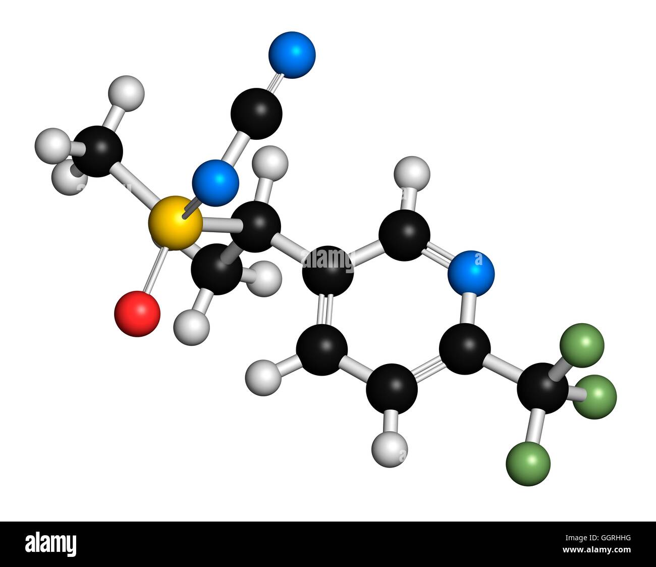 Sulfoxaflor insecticide, molecular model. Atoms are represented as ...