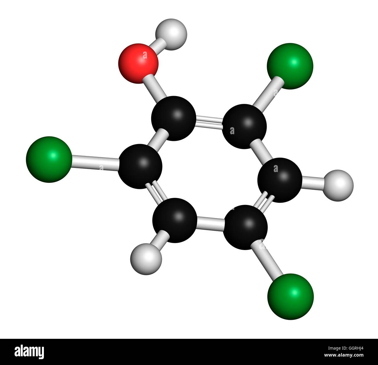 Trichlorophenol (TCP, 2,4,6-trichlorophenol), molecular model. Atoms ...