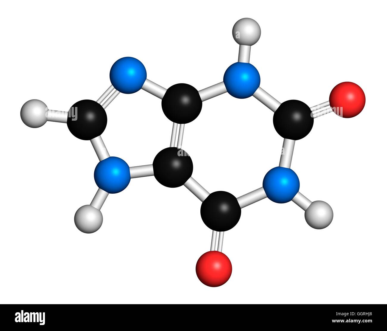 Xanthine purine base, molecular model. Atoms are represented as spheres ...