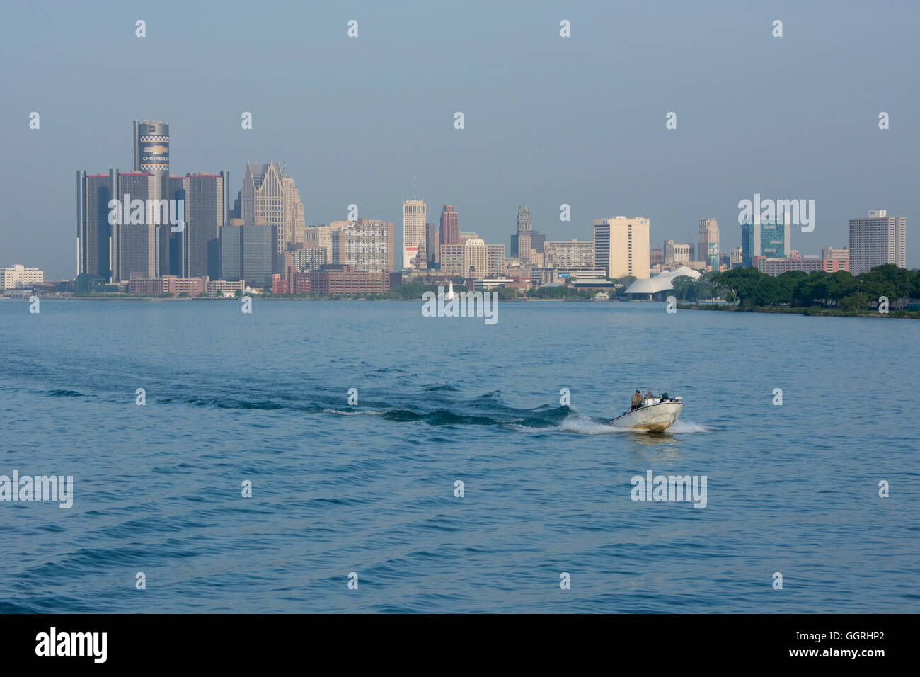 Michigan, Detroit River. Fishing boat on the Detroit River, with ...