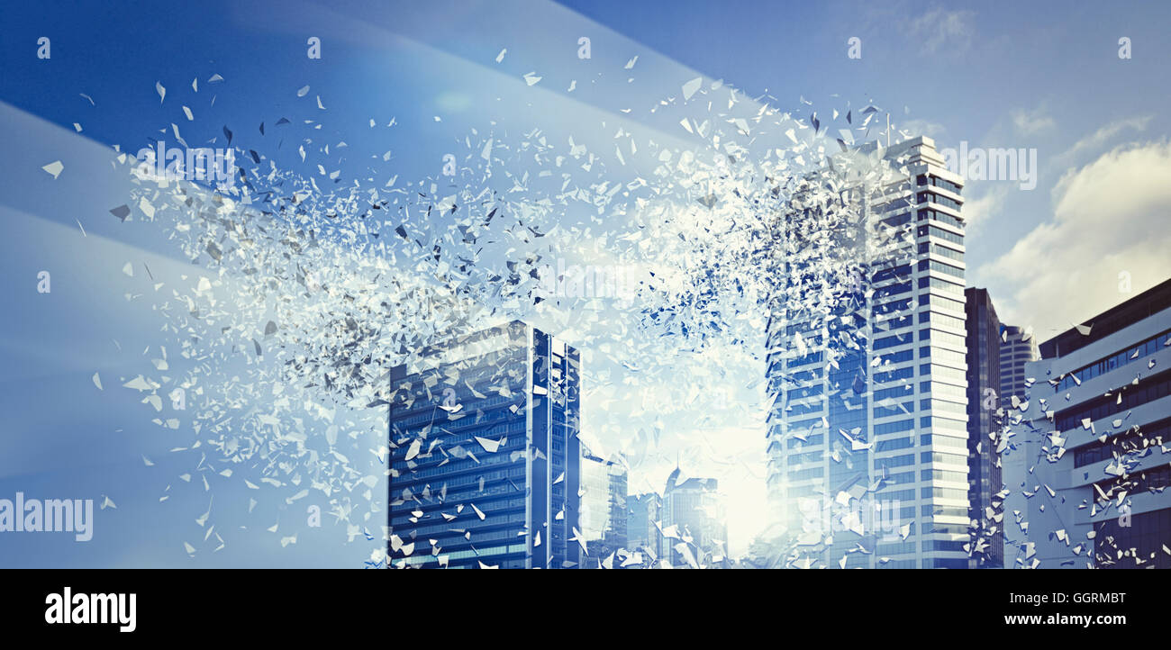 Light beaming from exploding modern highrises Stock Photo - Alamy