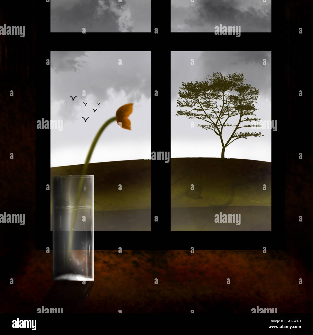 Spring time. Illustration of a day spring seen through a window Stock ...