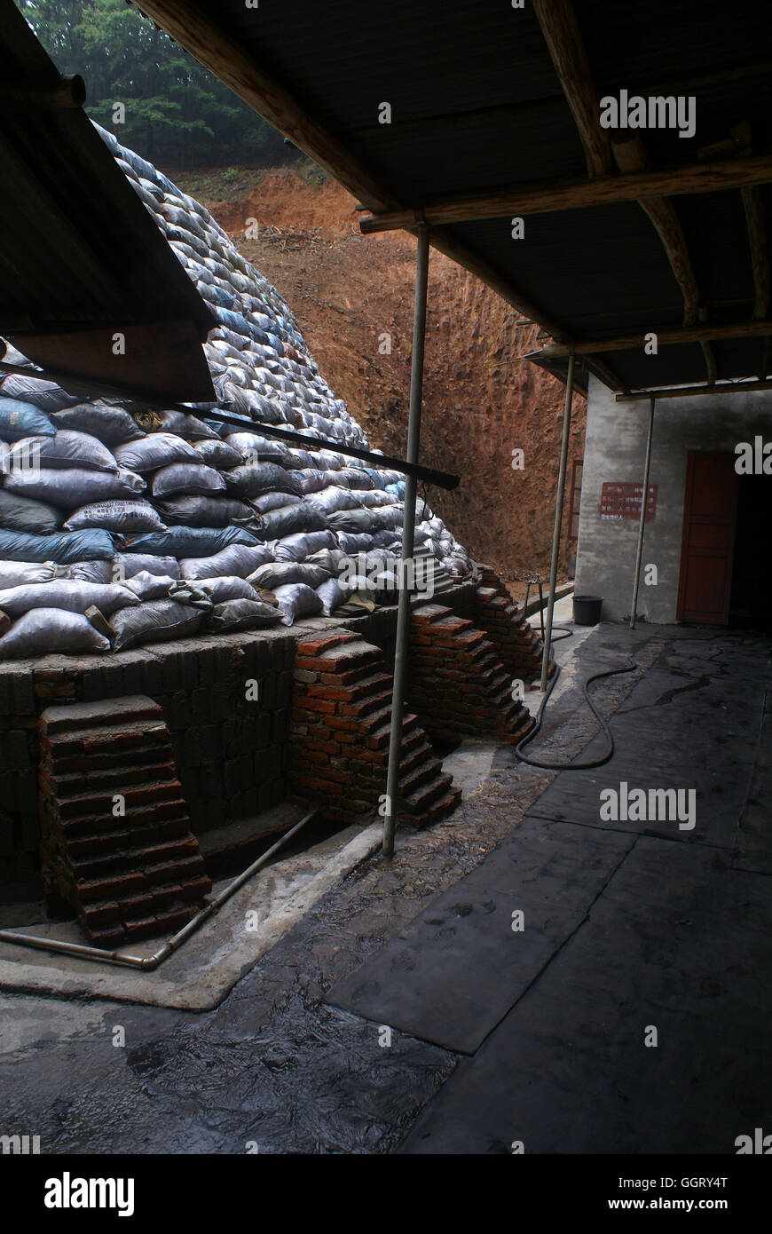 Sand bagged bunkers protecting black powder storage sheds at the Sunny ...
