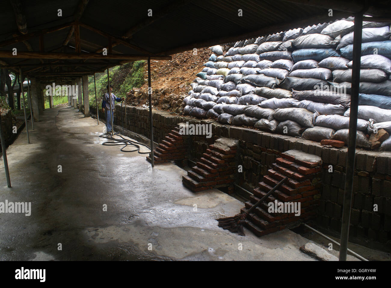 Sand bagged bunkers protecting black powder storage sheds at the Sunny ...