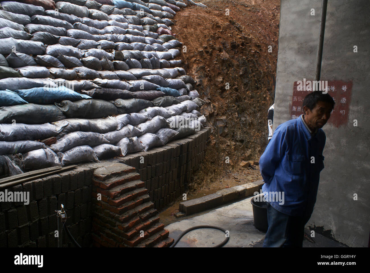 Sand bagged bunkers protecting black powder storage sheds at the Sunny ...